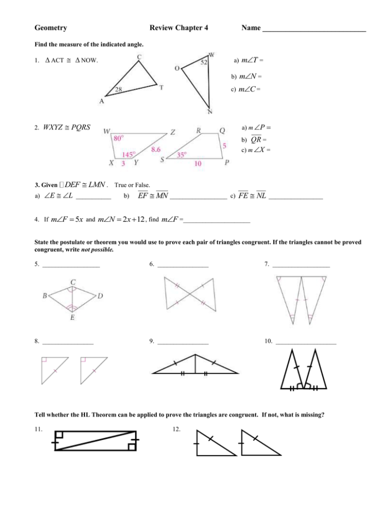 Geometry Chapter 4 Review Worksheet