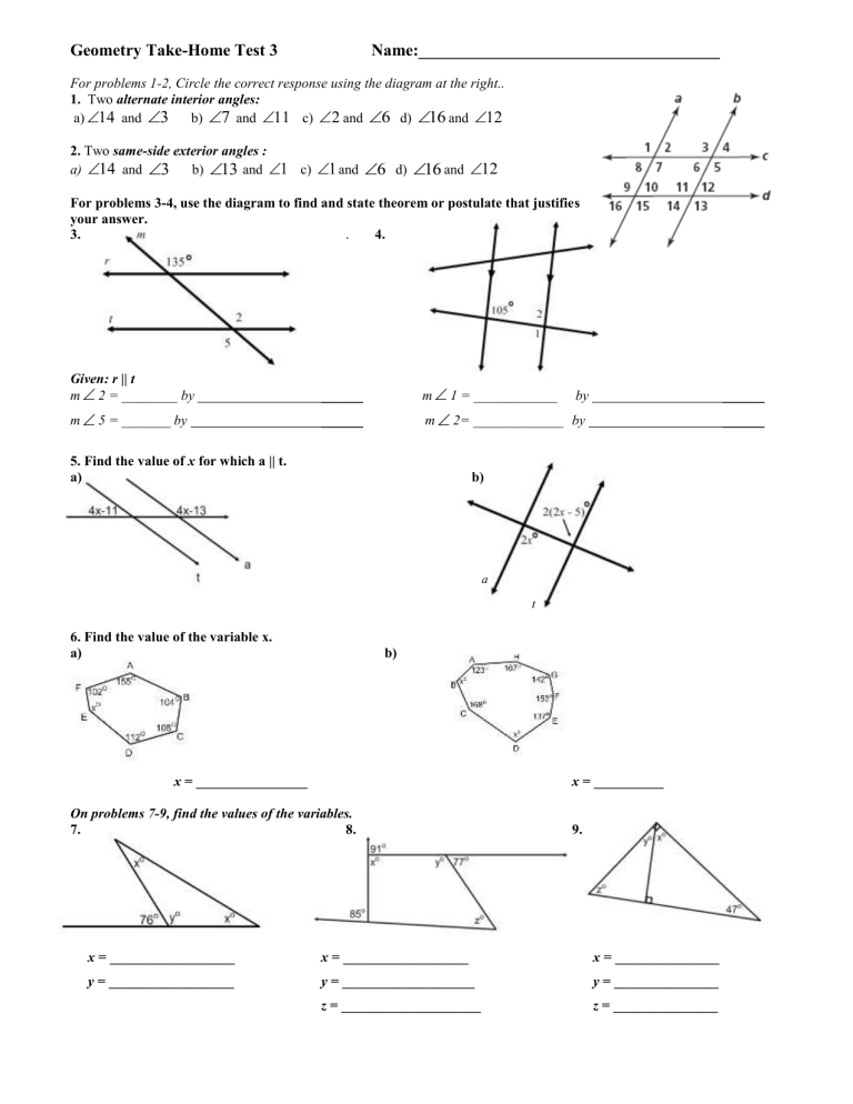 Geometry Test: Angles, Lines, and Polygons