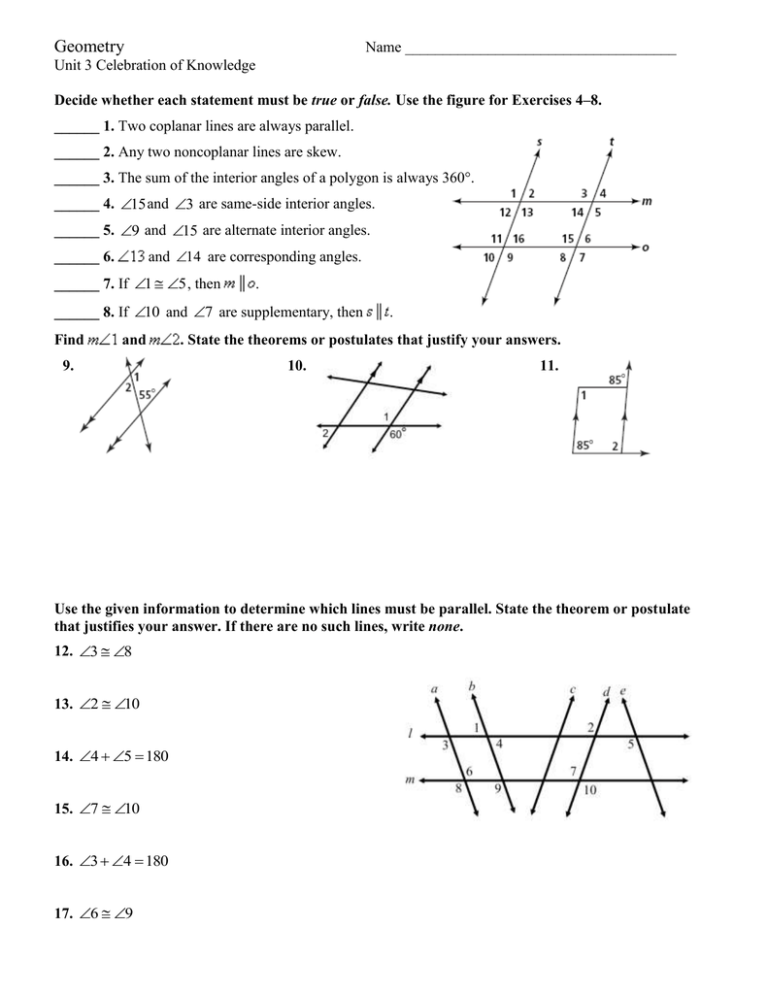 Geometry: Parallel Lines & Angle Relationships Worksheet