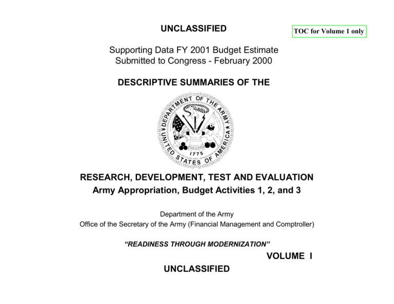 Army RDT&E Budget FY2001: Program Element Summaries