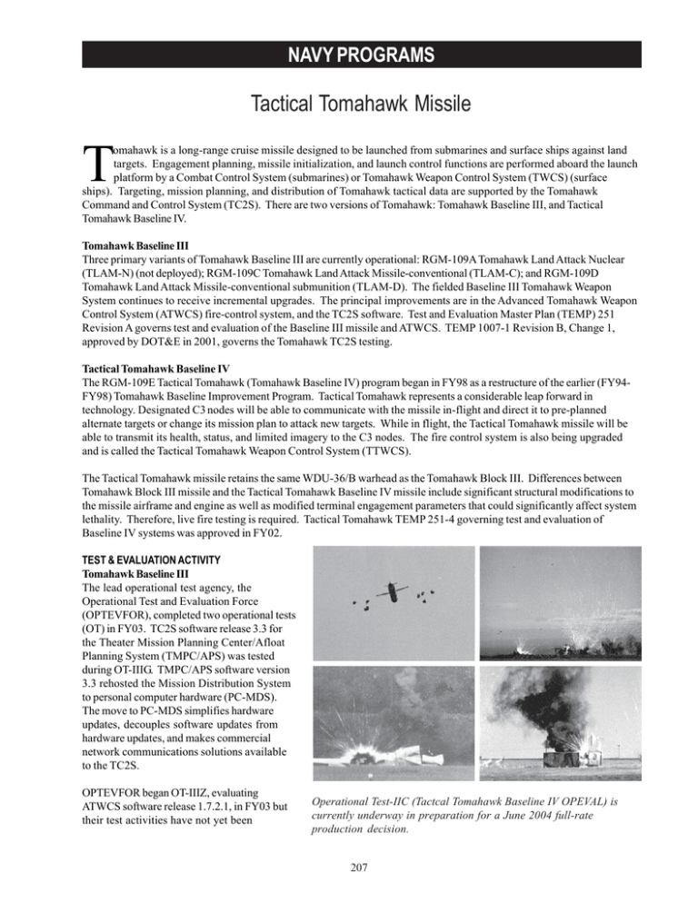 Tactical Tomahawk Missile System: Testing & Evaluation Report