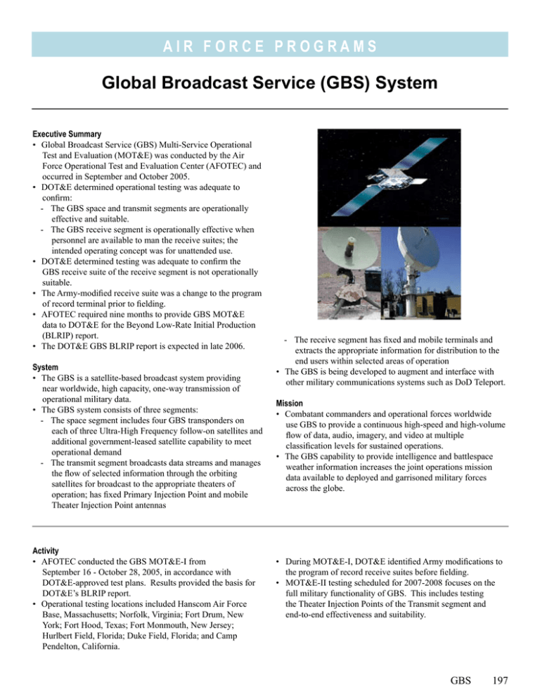 Global Broadcast Service (GBS) System Report
