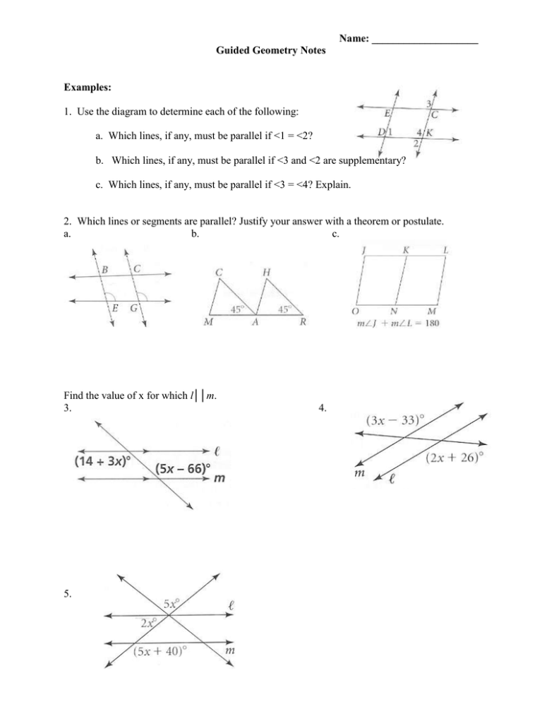 Geometry: Parallel Lines & Angles Guided Notes