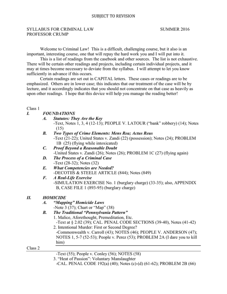 SUBJECT TO REVISION SYLLABUS FOR CRIMINAL LAW SUMMER 2016 subject-to-revision-syllabus-for-criminal-law-summer-2016