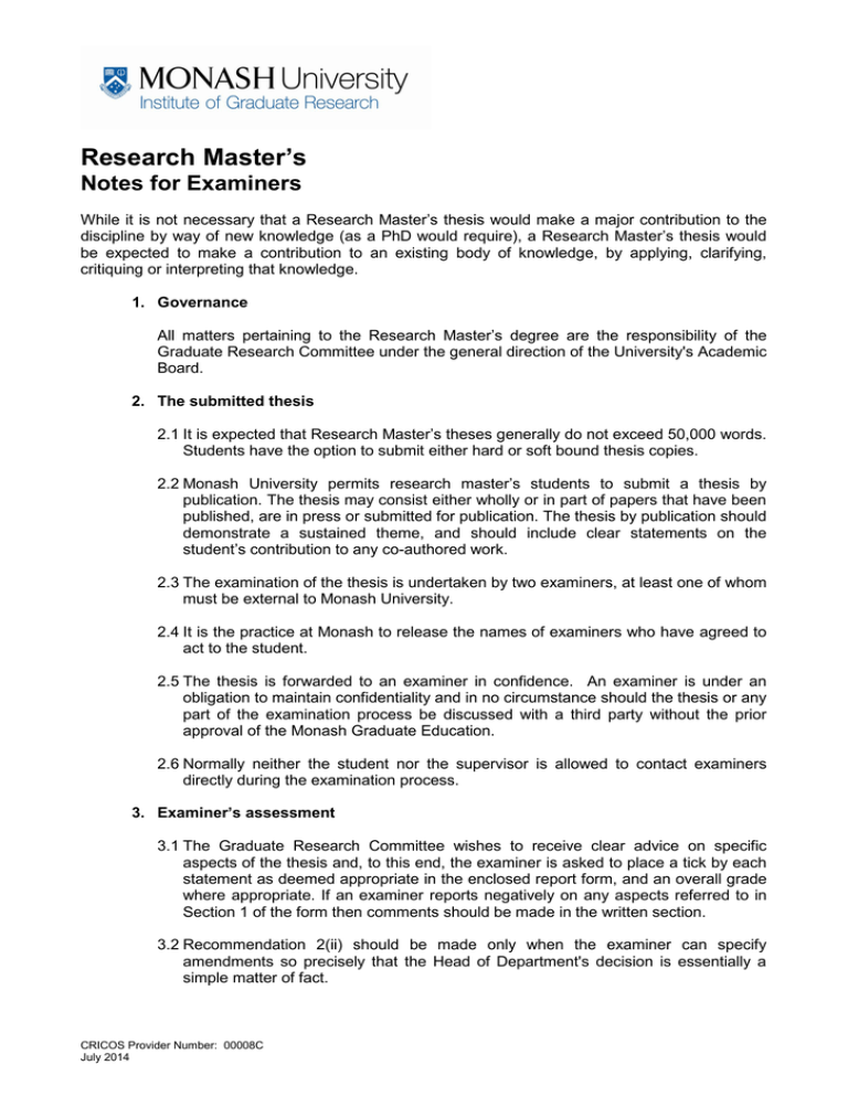 Research Master's Thesis Examiner Notes - Monash University