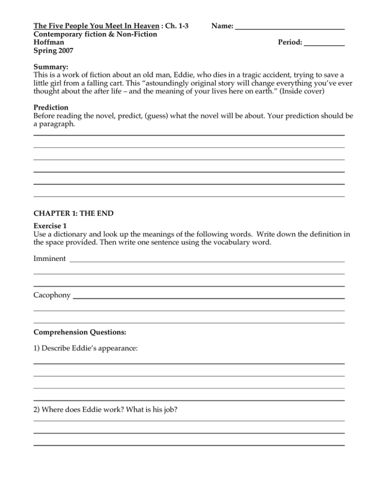 The Five People You Meet In Heaven Worksheet Ch. 1-3