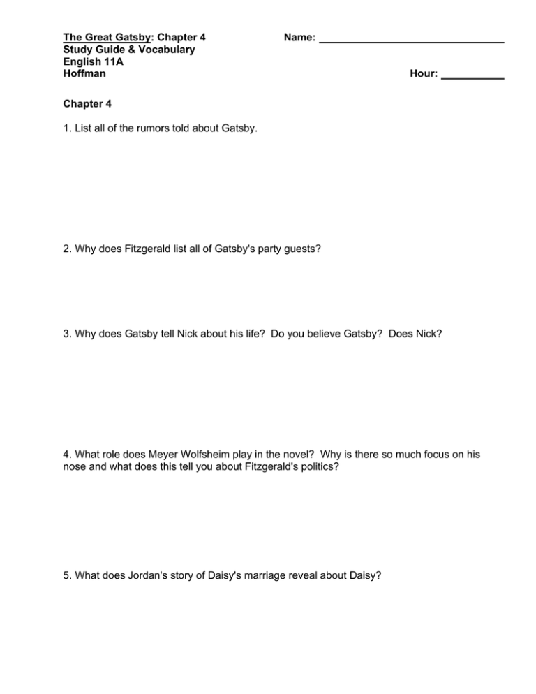 The Great Gatsby Chapter 4 Study Guide