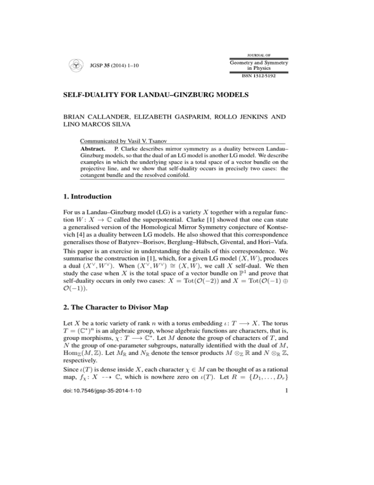 SELF-DUALITY FOR LANDAU–GINZBURG MODELS BRIAN CALLANDER, ELIZABETH ...