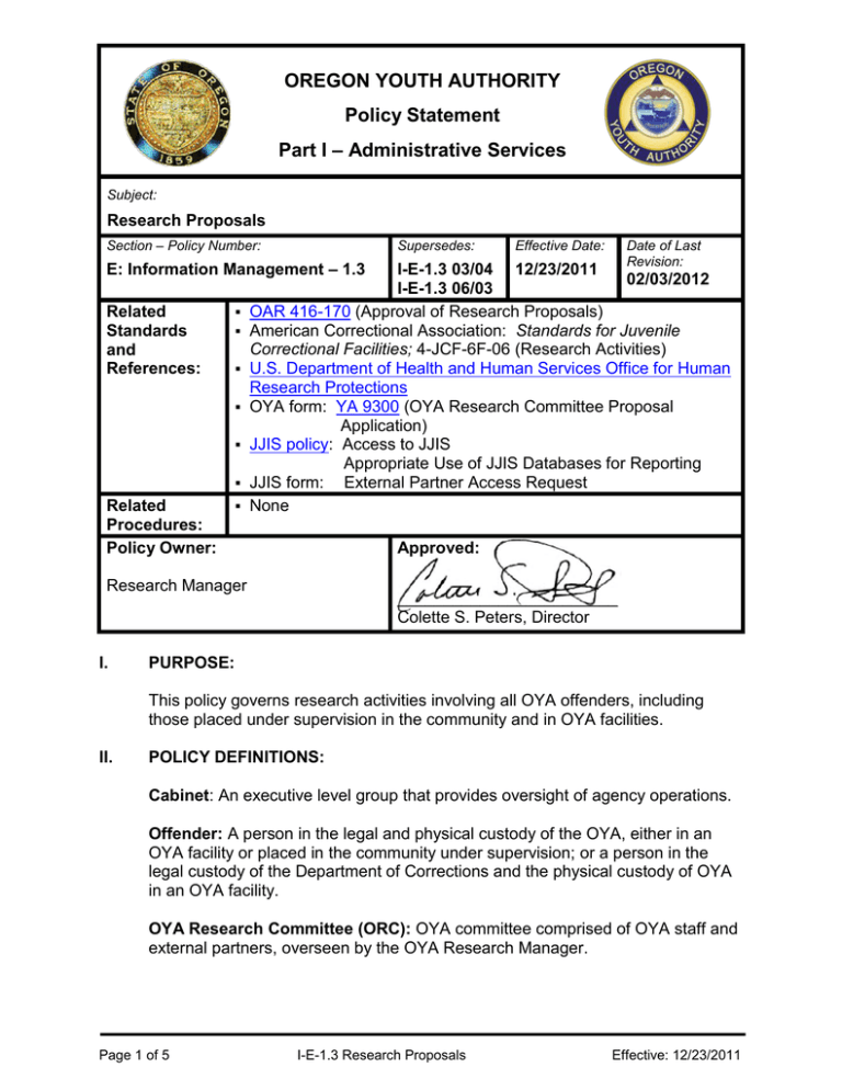 OREGON YOUTH AUTHORITY Policy Statement – Administrative Services Part I