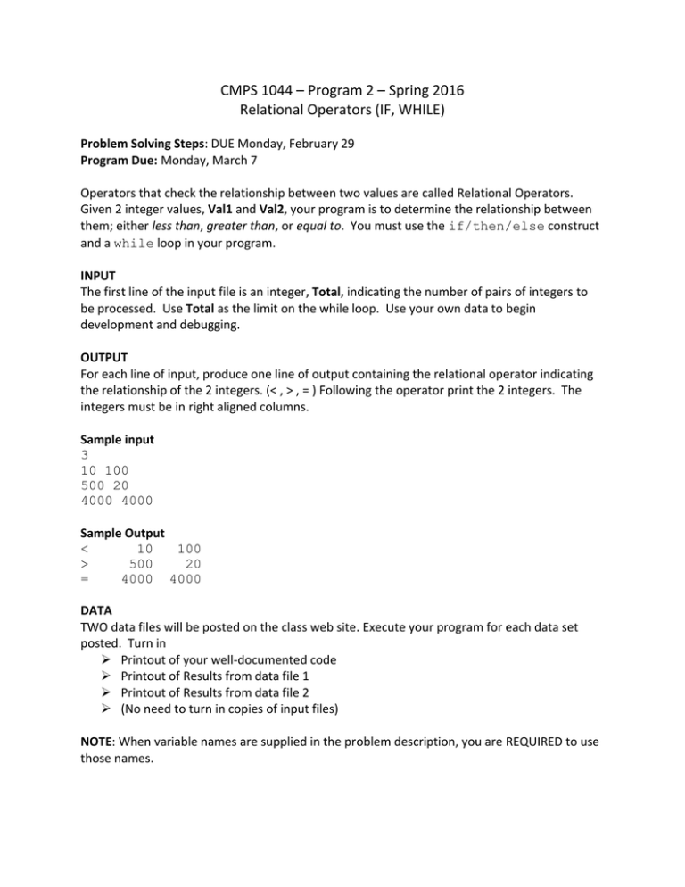 CMPS 1044 – Program 2 – Spring 2016