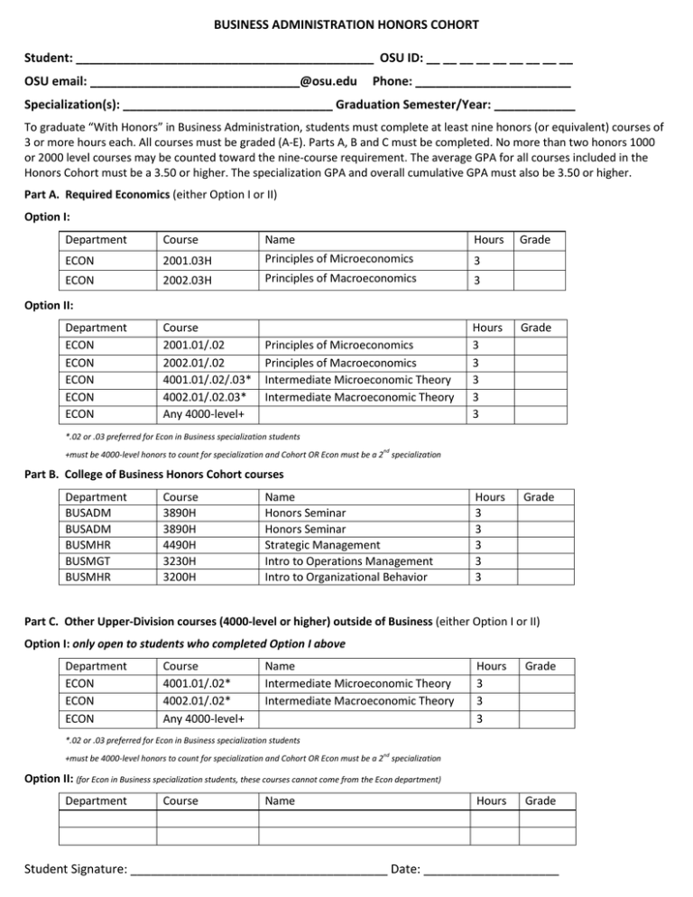 BUSINESS ADMINISTRATION HONORS COHORT