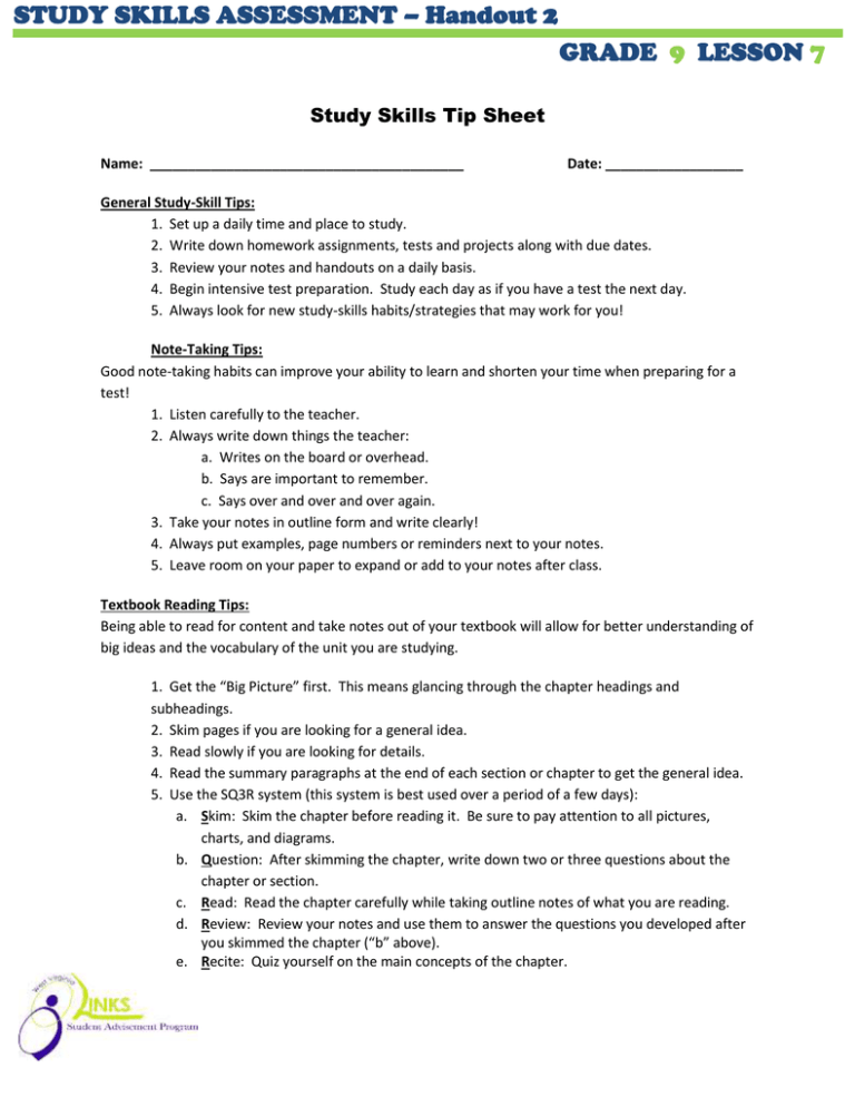 Study Skills Tip Sheet for Grade 9 Students