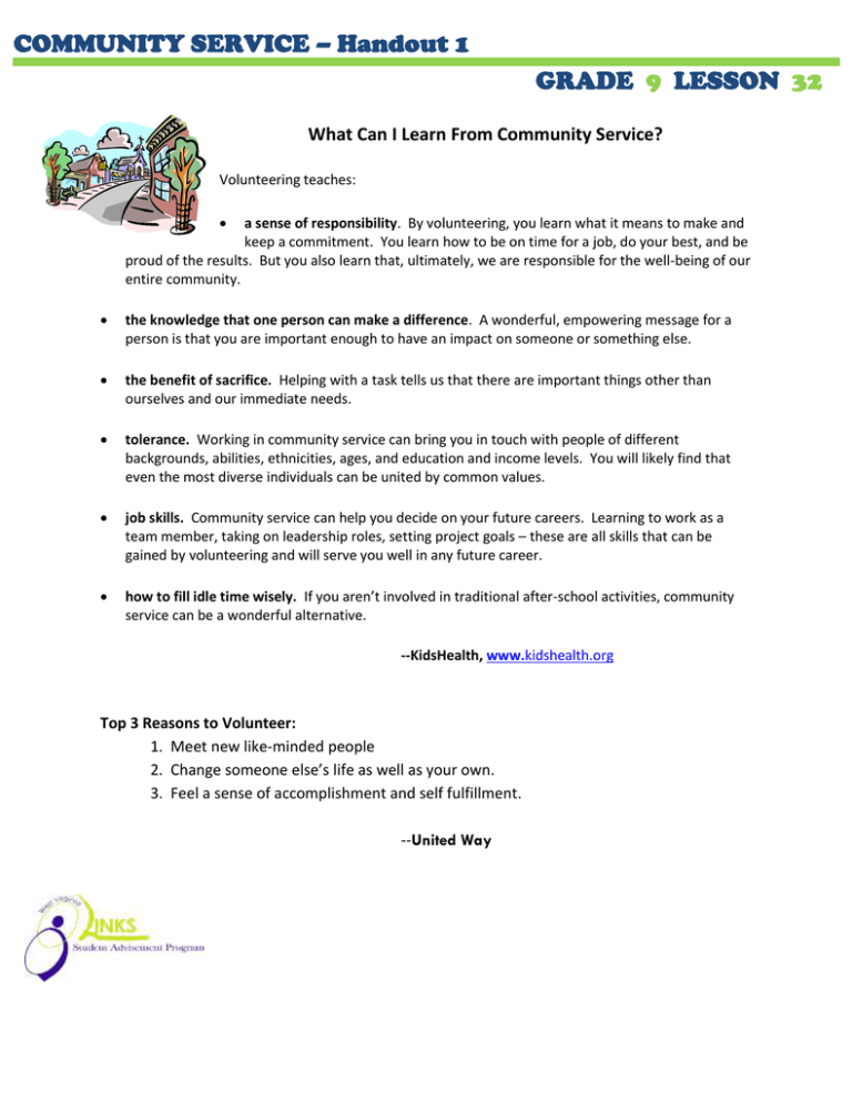 Community Service Benefits: Grade 9 Handout