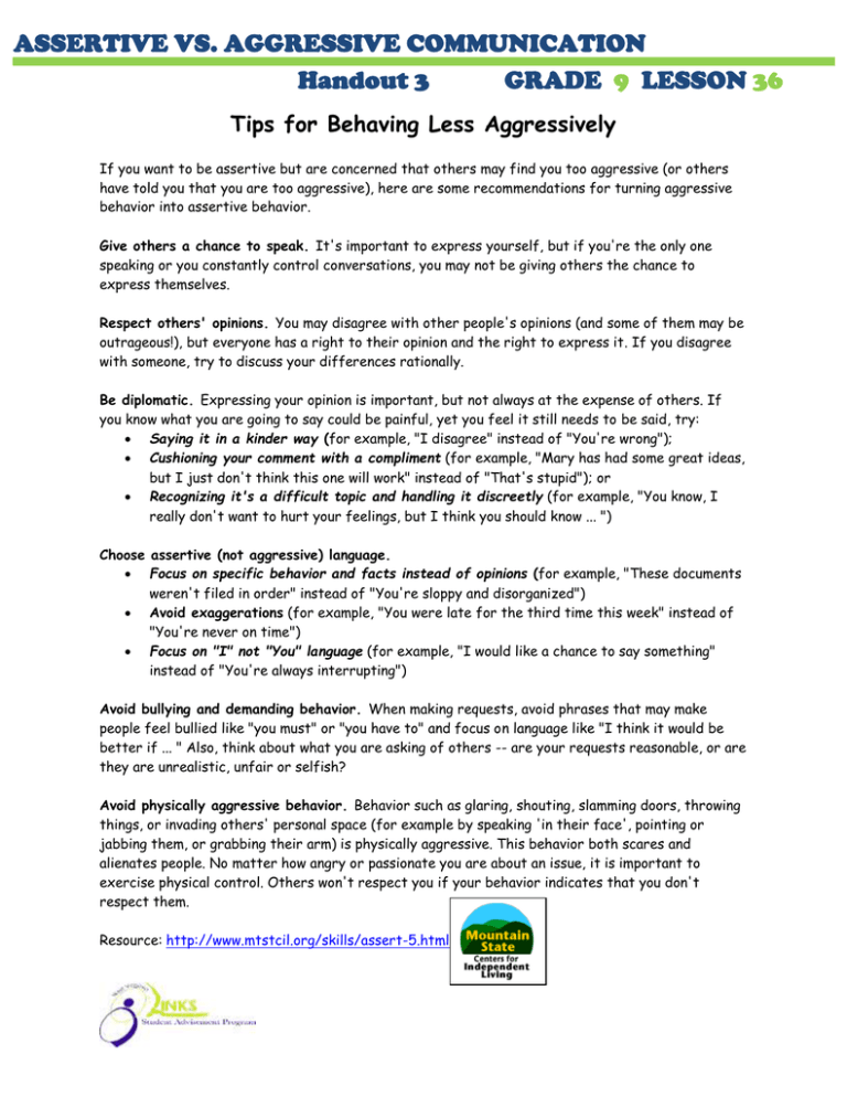 ASSERTIVE VS. AGGRESSIVE COMMUNICATION LESSON