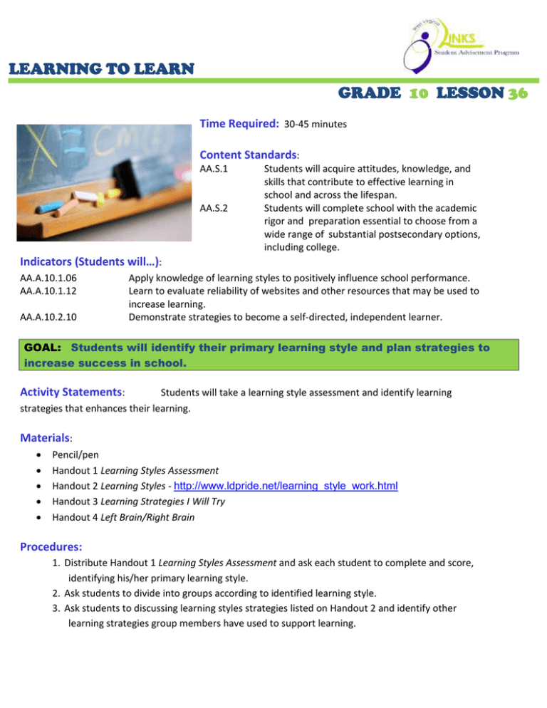 LEARNING TO LEARN GRADE LESSON