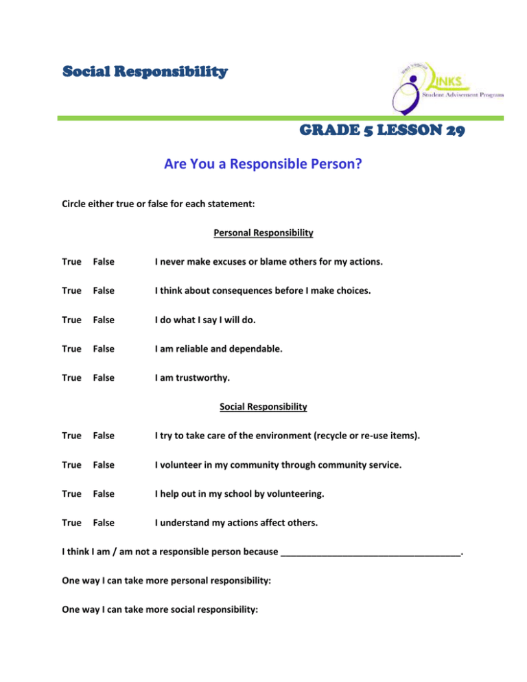 Social Responsibility Worksheet - Grade 5