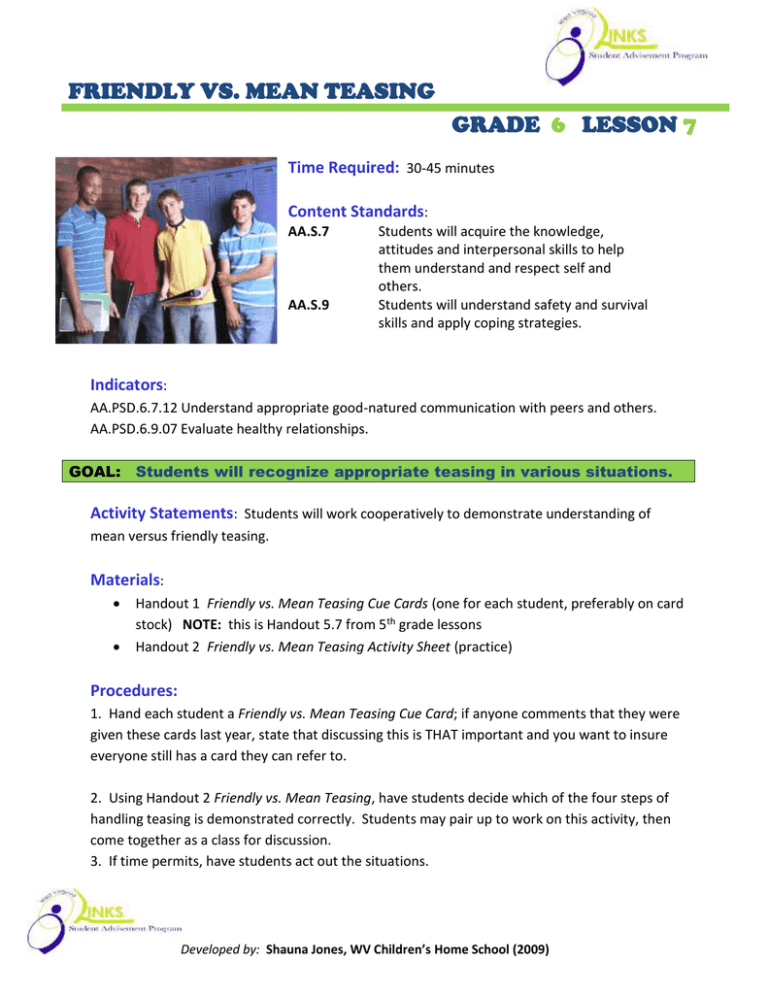 Friendly vs. Mean Teasing: Grade 6 Lesson Plan