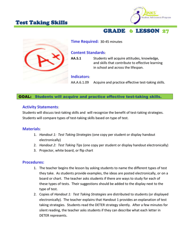 Test Taking Skills GRADE LESSON