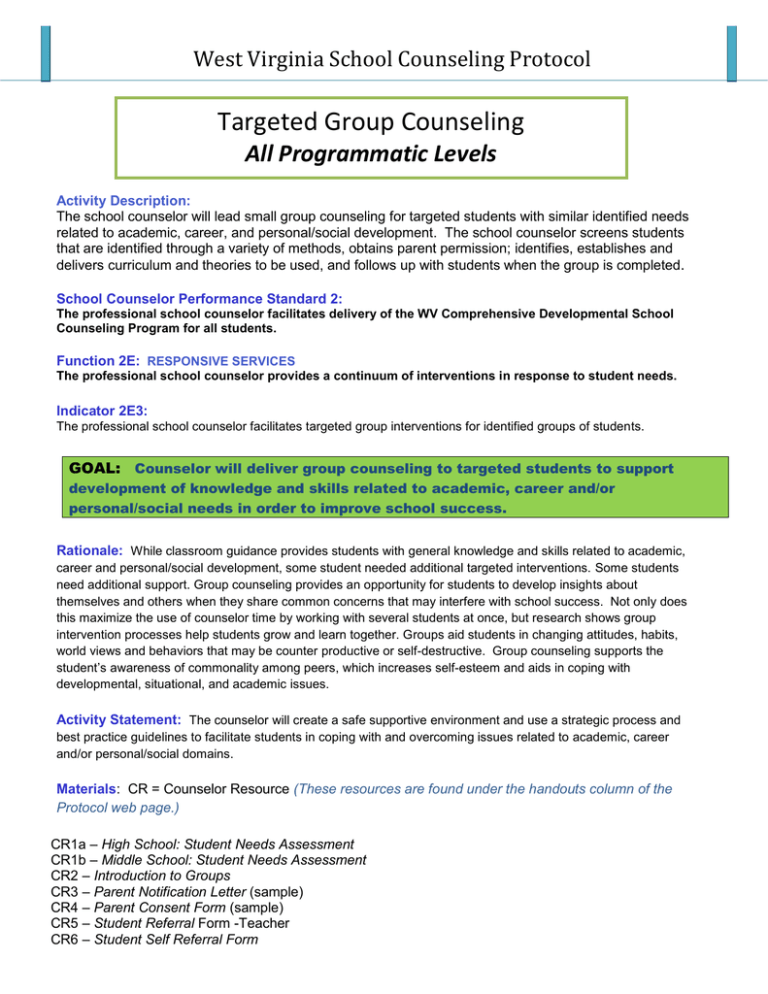 WV School Counseling: Targeted Group Interventions (K-12)