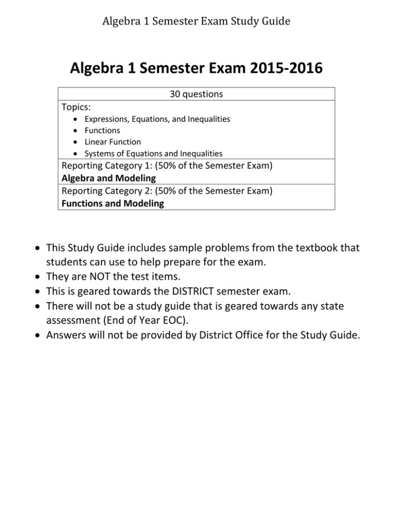 Algebra 1 Semester Exam Study Guide 2015-2016