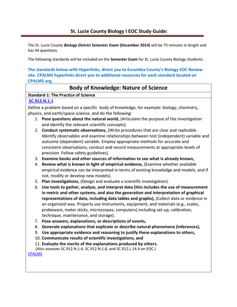 St. Lucie Biology I EOC Study Guide: Exam Prep