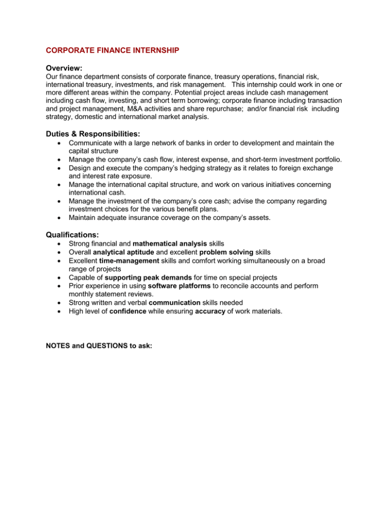 CORPORATE FINANCE INTERNSHIP Overview: