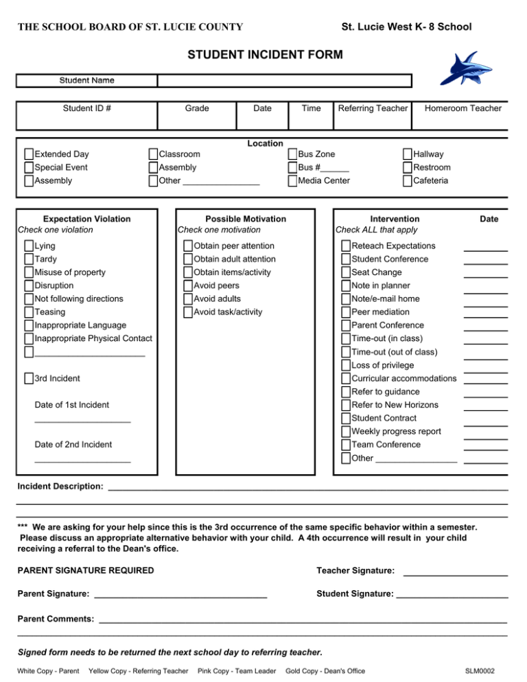 Student Incident Form - St. Lucie West K-8 School
