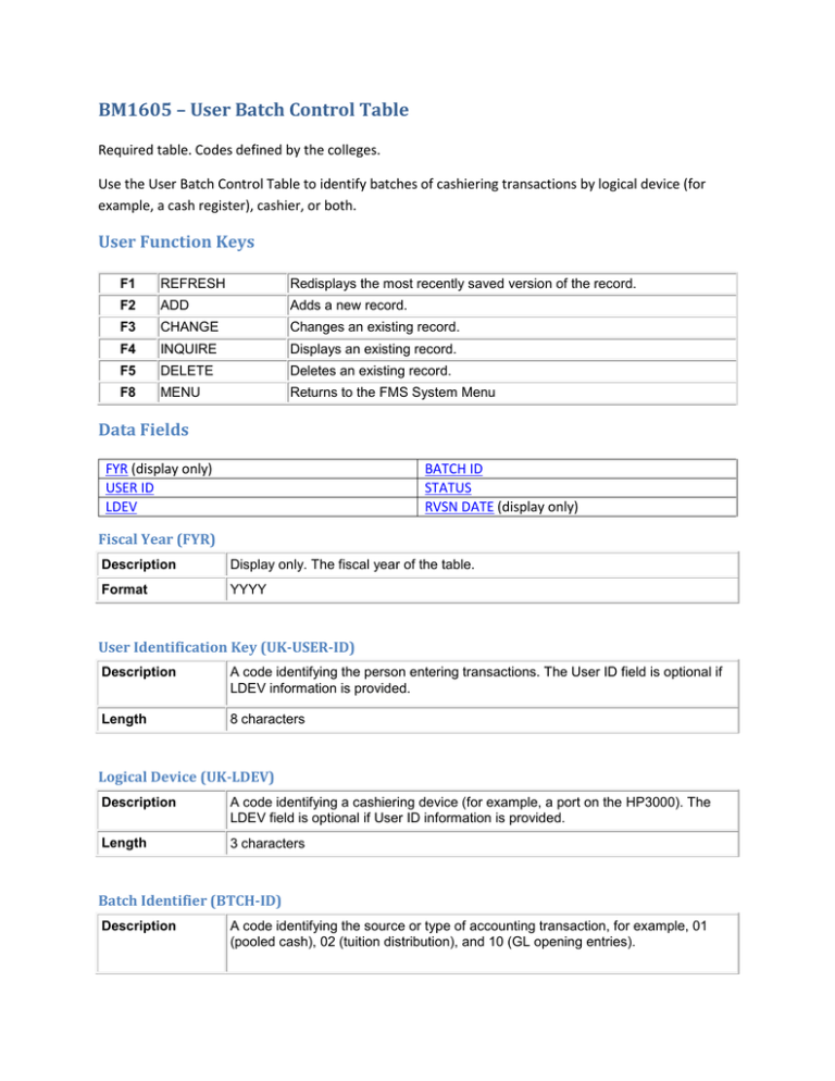 BM1605 – User Batch Control Table