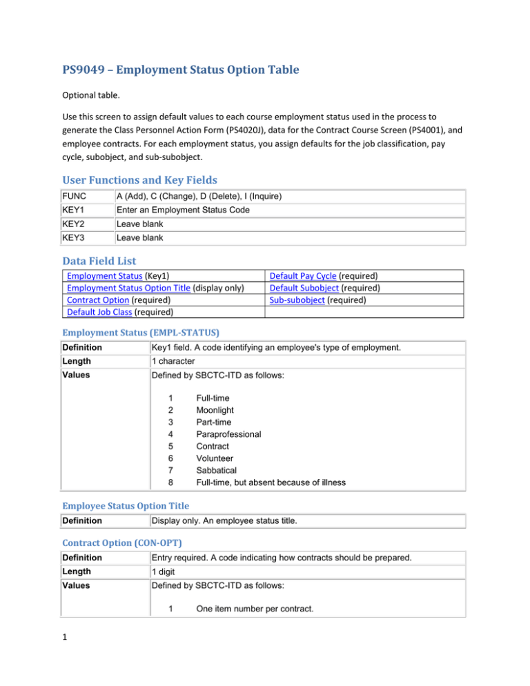 PS9049 – Employment Status Option Table