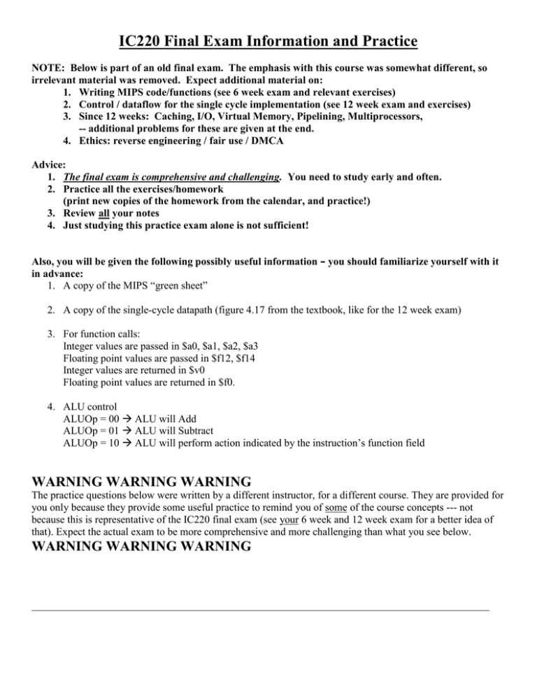 IC220 Final Exam Information and Practice