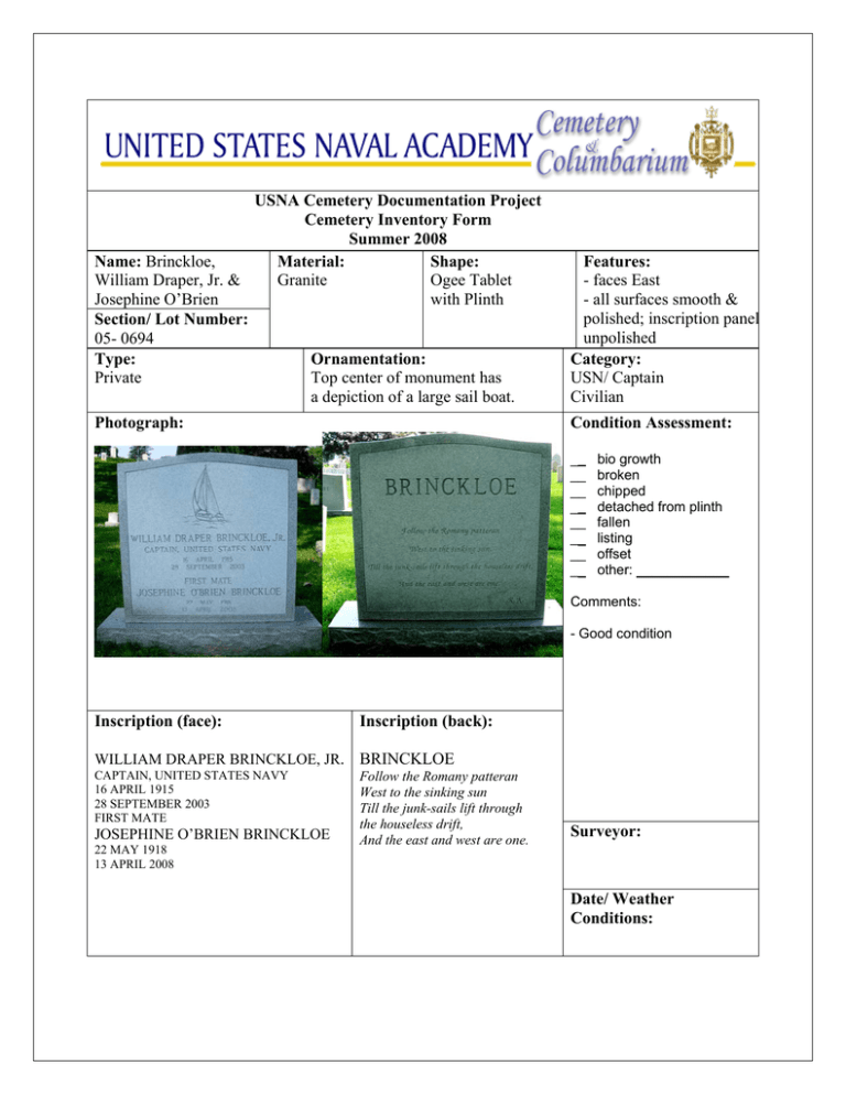 USNA Cemetery Documentation Project Cemetery Inventory Form Summer 2008 ...