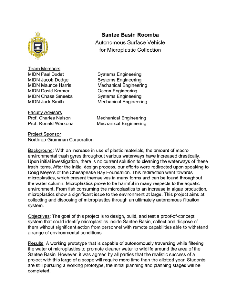 Santee Basin Roomba Autonomous Surface Vehicle for Microplastic Collection