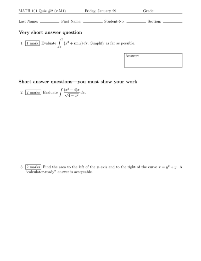 Math 101 Quiz: Integration Problems