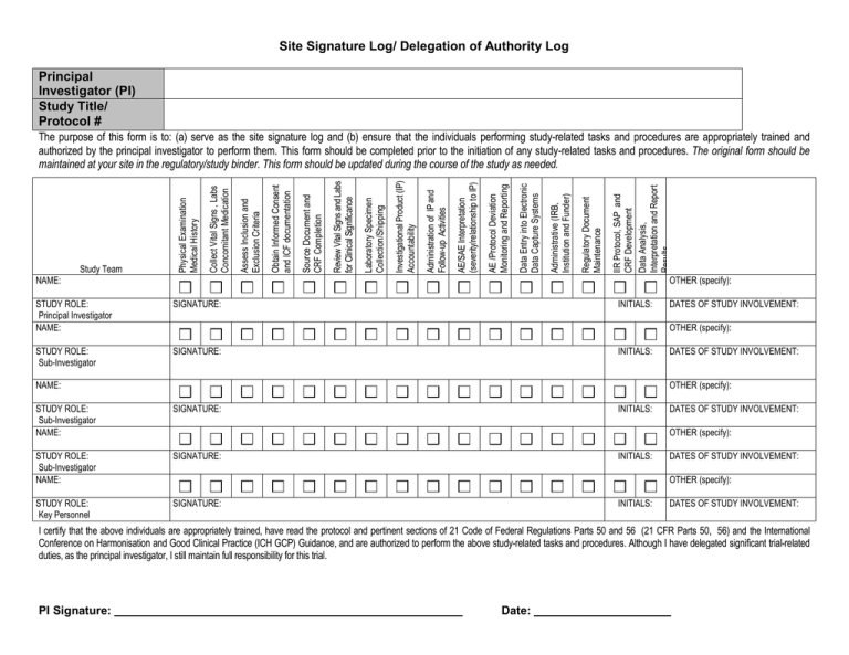 Clinical Study Delegation of Authority Log