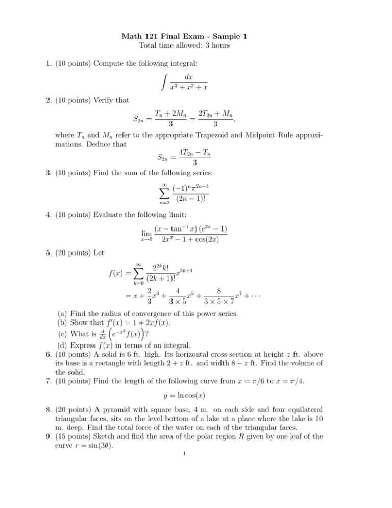 Math 121 Final Exam Sample: Calculus Problems
