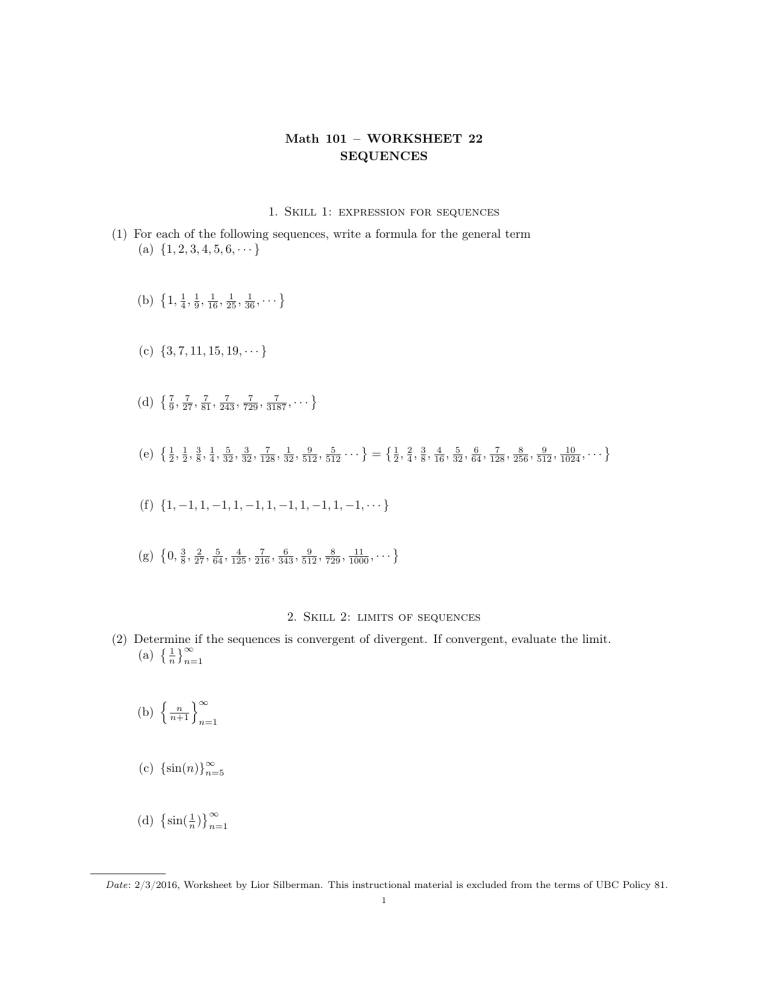 Math Sequences Worksheet: Formulas, Limits, Squeeze Theorem