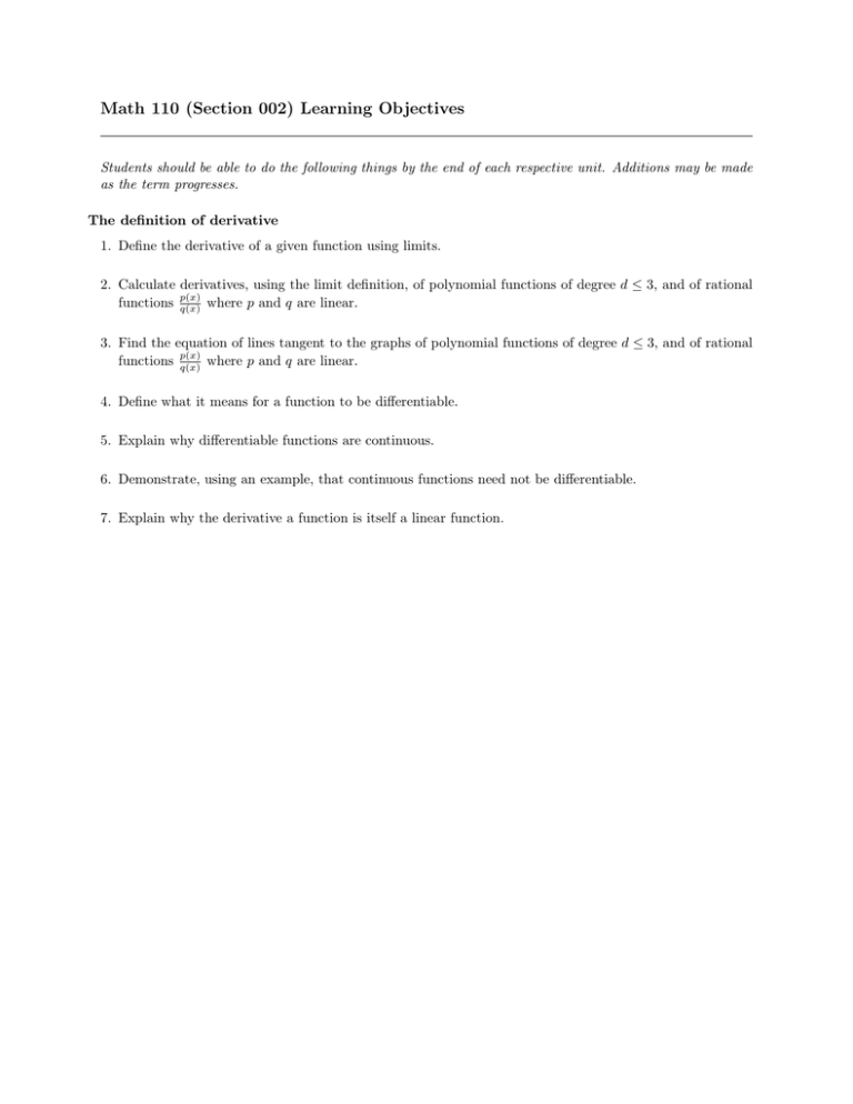 Math 110 (Section 002) Learning Objectives