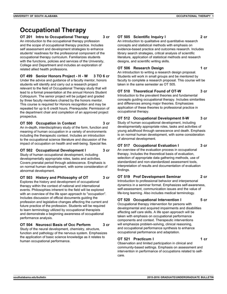 Occupational Therapy OT 201 Intro to Occupational Therapy 3 cr