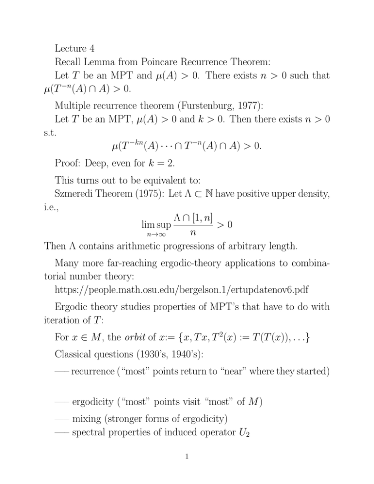 Lecture 4 Recall Lemma from Poincare Recurrence Theorem: