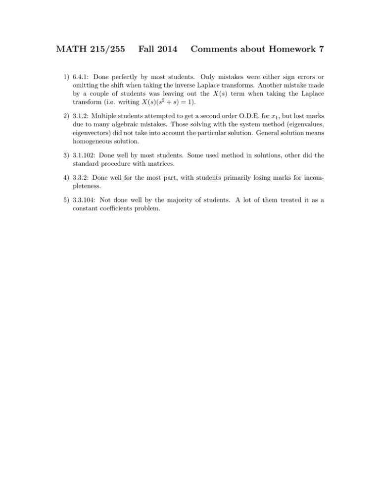 MATH 215/255 Fall 2014 Comments about Homework 7