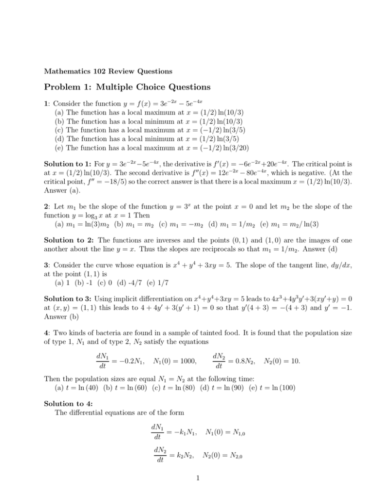 Mathematics 102 Review Questions