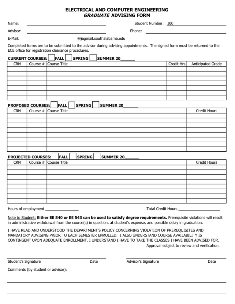 ELECTRICAL AND COMPUTER ENGINEERING GRADUATE ADVISING FORM