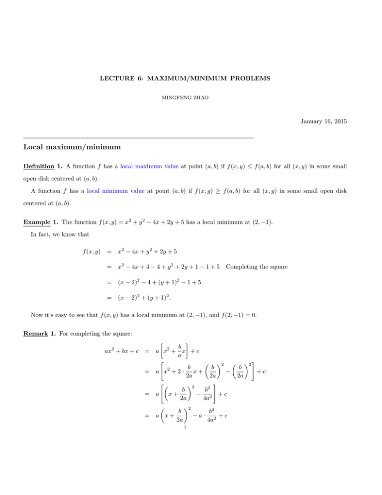 Maximum/Minimum Problems: Lecture Notes