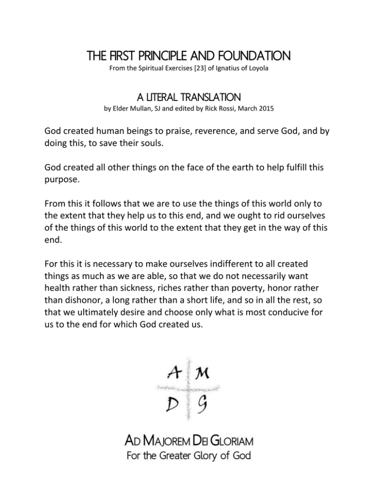 Ignatius of Loyola's First Principle and Foundation