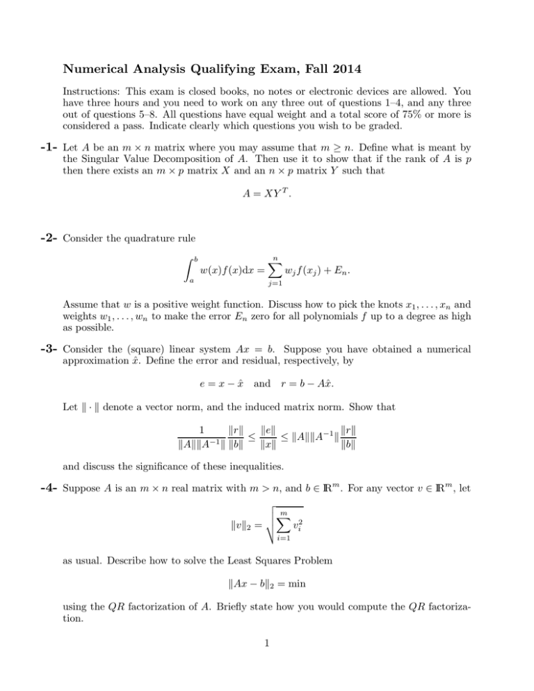 Numerical Analysis Qualifying Exam, Fall 2014