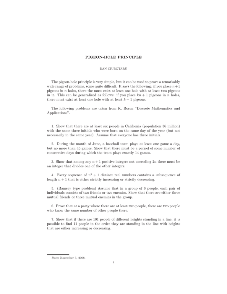 Pigeon-Hole Principle Problems: Number Theory, Geometry, Combinatorics