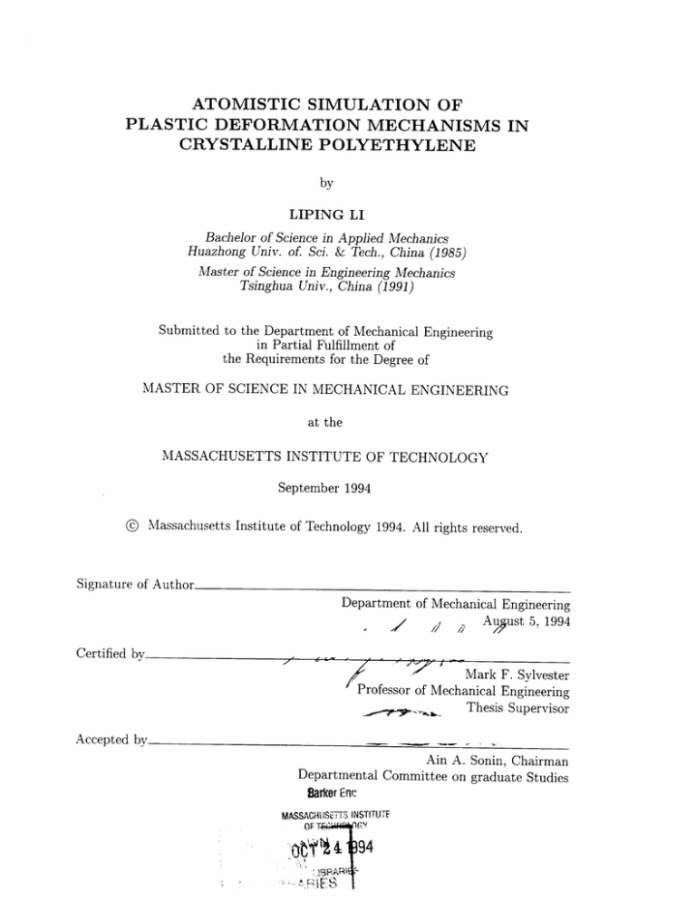 ATOMISTIC SIMULATION OF CRYSTALLINE POLYETHYLENE ATOMISTIC SIMULATION OF CRYSTALLINE POLYETHYLENE
