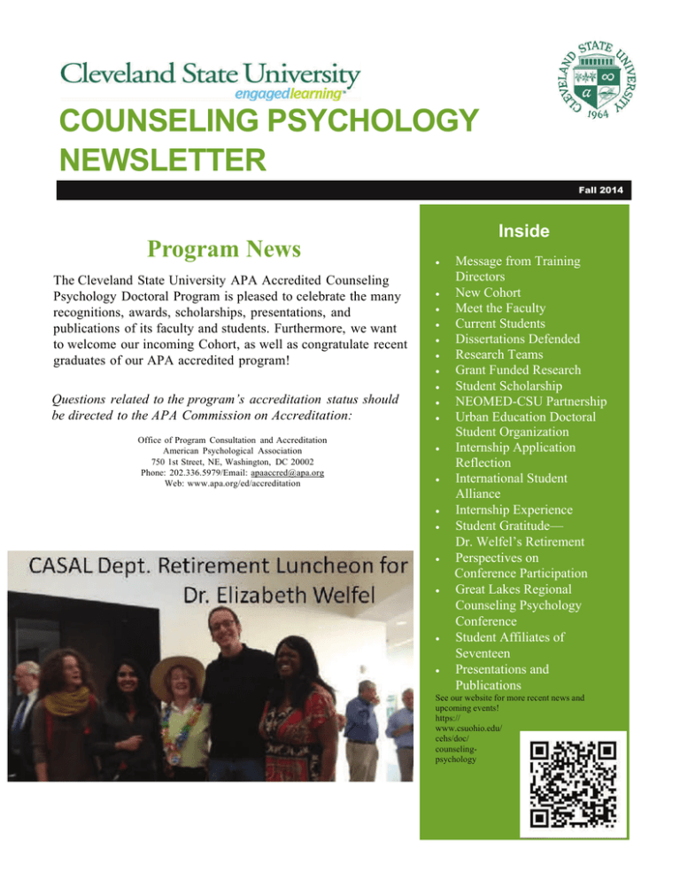 COUNSELING PSYCHOLOGY NEWSLETTER Program News