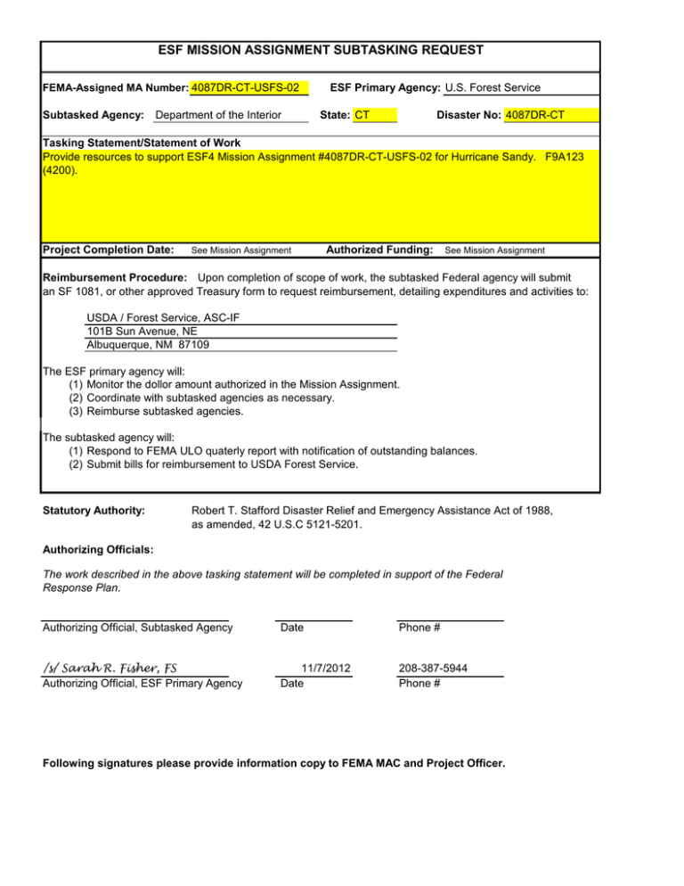 ESF MISSION ASSIGNMENT SUBTASKING REQUEST