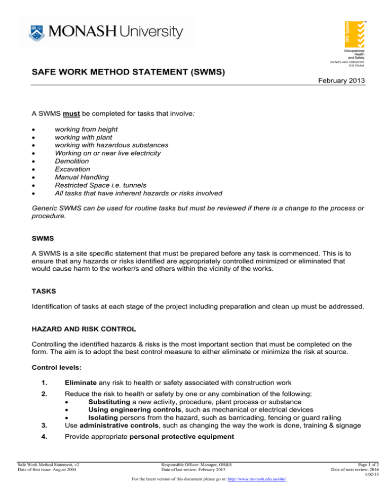 Safe Work Method Statement (SWMS) Template